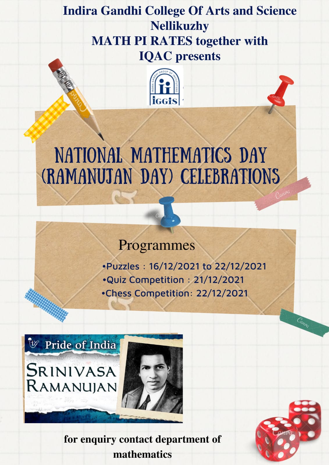 NATIONAL MATHEMATICS DAY CELEBRATIONS - Indira Gandhi College of Arts ...